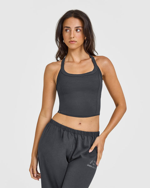 Mellow™ Rib Halter Neck Mid Tank Top with Built in Bra Shelf in Coal ...