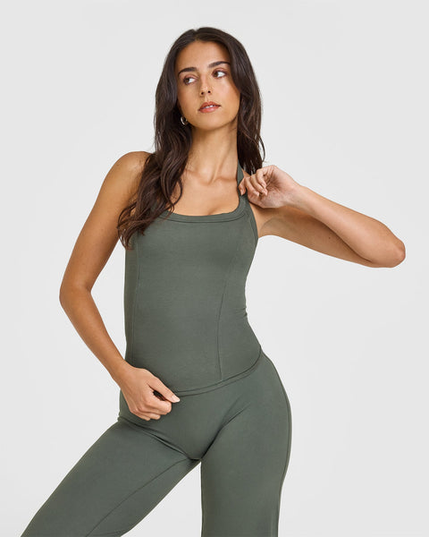 Mellow™ Rib Halter Neck Tank Top with Built in Bra Shelf in Dark Khaki ...
