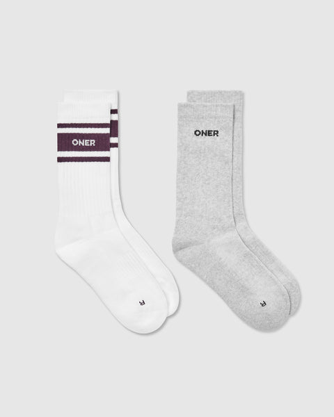 Varsity Long Crew Socks 2 pack in Grey Marl/ White/ Blackberry | Oner ...