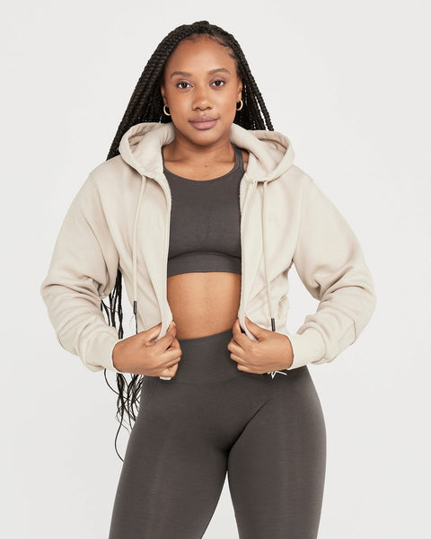 Zip Through Hoodie Women's - Ribbed Hem - Sand | Oner Active US